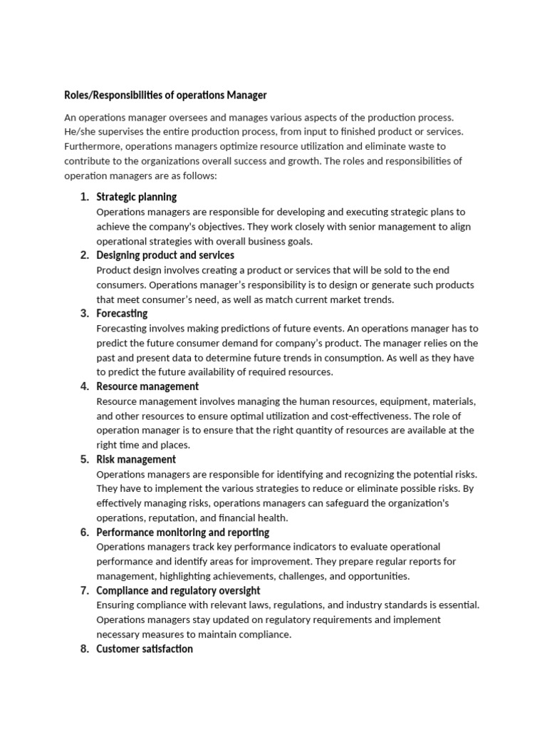 Operations Manager Roles and Responsibilities | PDF | Risk Management ...