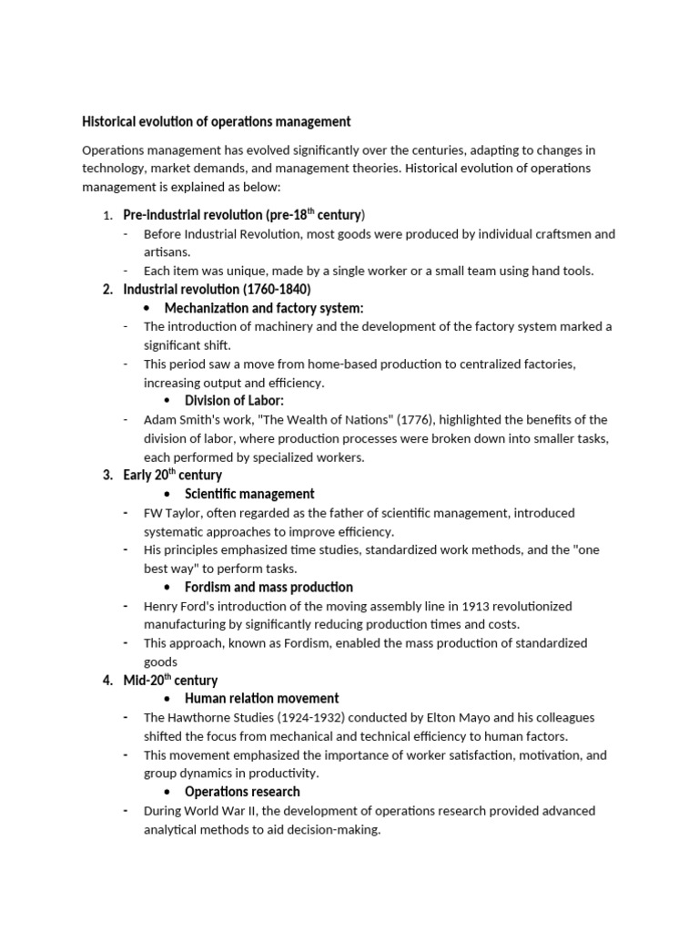 Historical evolution of operations managemnt | PDF | Operations ...