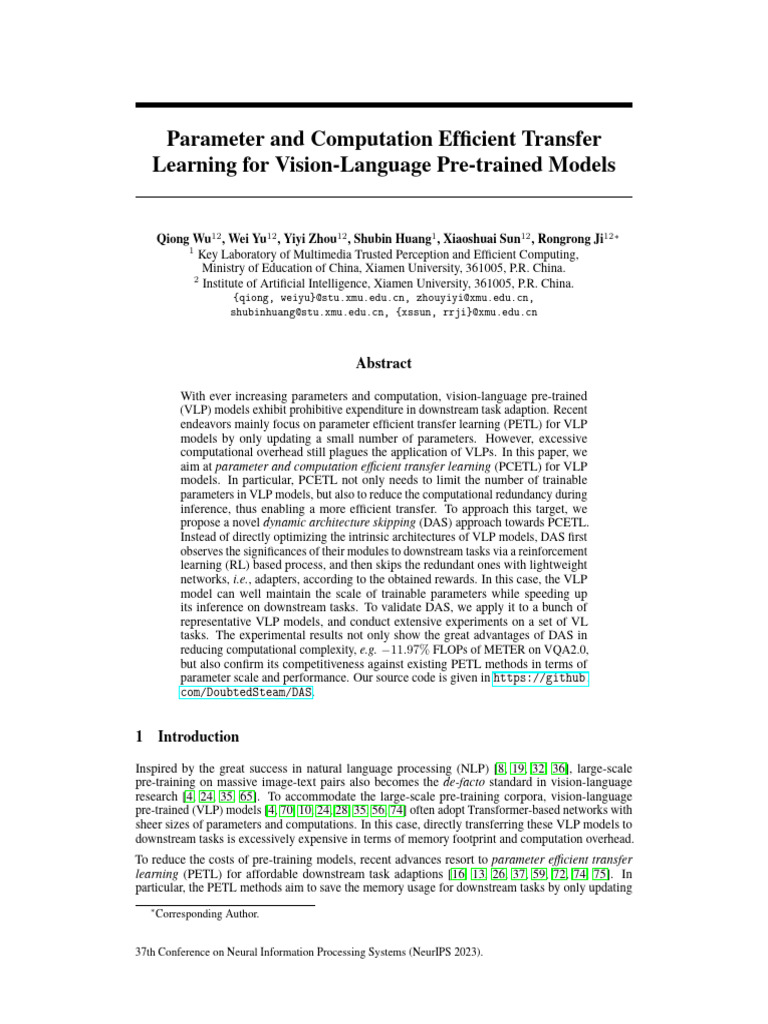 Parameter and Computation Efficient Transfer Learning For Vision Language Pre Trained Models ...