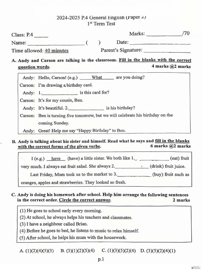 P4英文2024 25Test | PDF