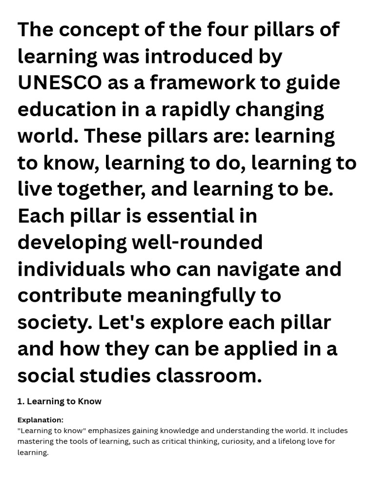 The Concept of The Four Pillars of Learning Was Introduced by UNESCO As ...