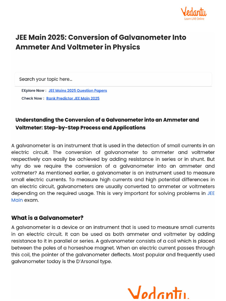 JEE Main 2025 - Conversion of Galvanometer Into Ammeter and Voltmeter in Physics | PDF