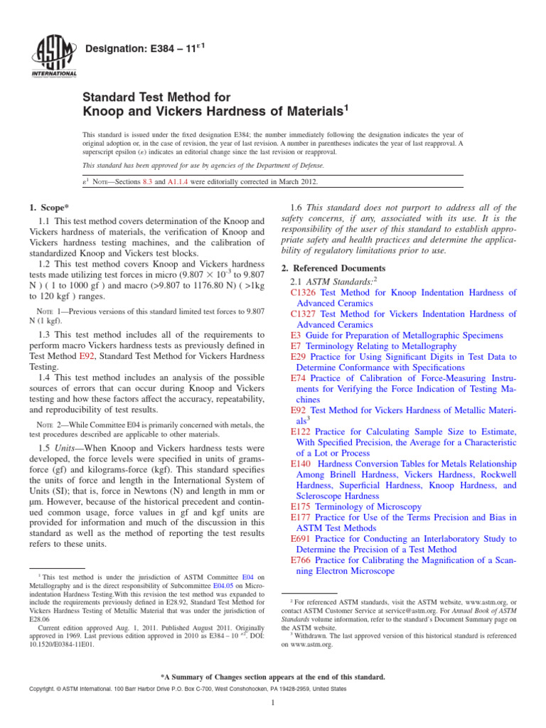 Knoop and Vickers Hardness of Materials: Standard Test Method For | PDF ...