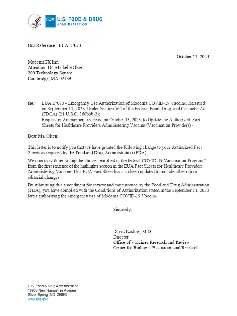 October 13, 2023 Moderna COVID-19 Vaccine Granting Letter | PDF