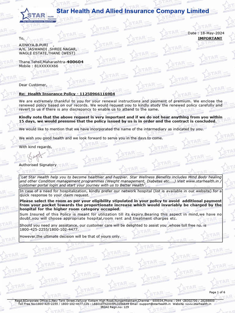 Star Health Policy 2025 11250966116904 - POLICY - DOC | PDF | Insurance ...