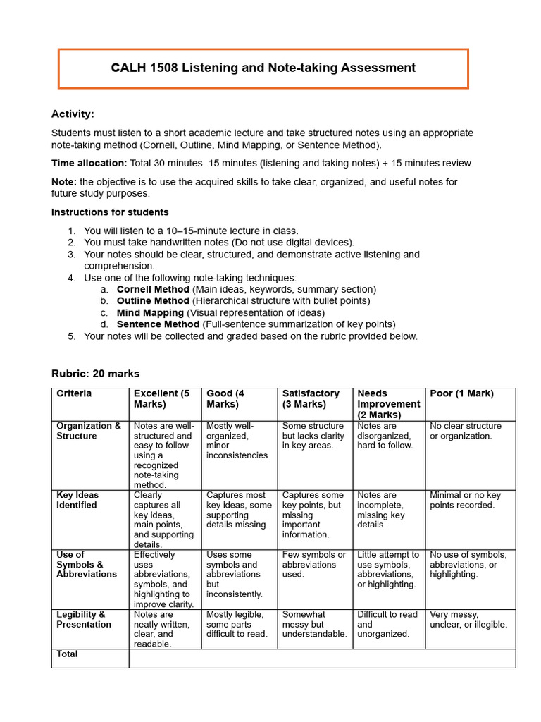 Listening and Note-Taking Class Assessment | PDF | Writing | Communication