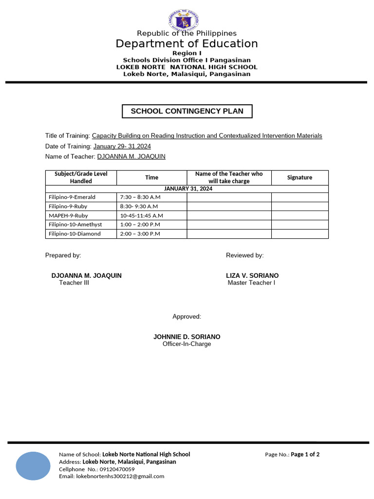 School Contingency Plan | PDF | Philippines