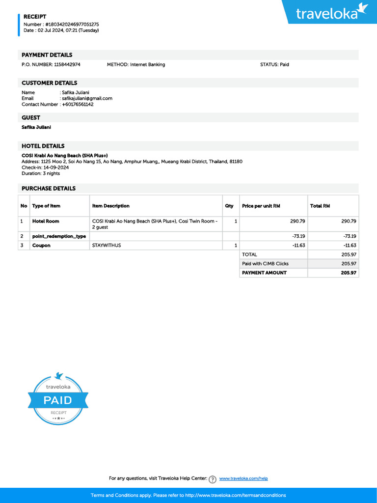 Traveloka Hotel Receipt for COSI Krabi | PDF