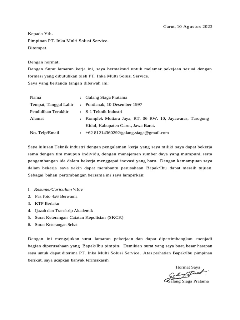 Surat Lamaran PT. Inka | PDF