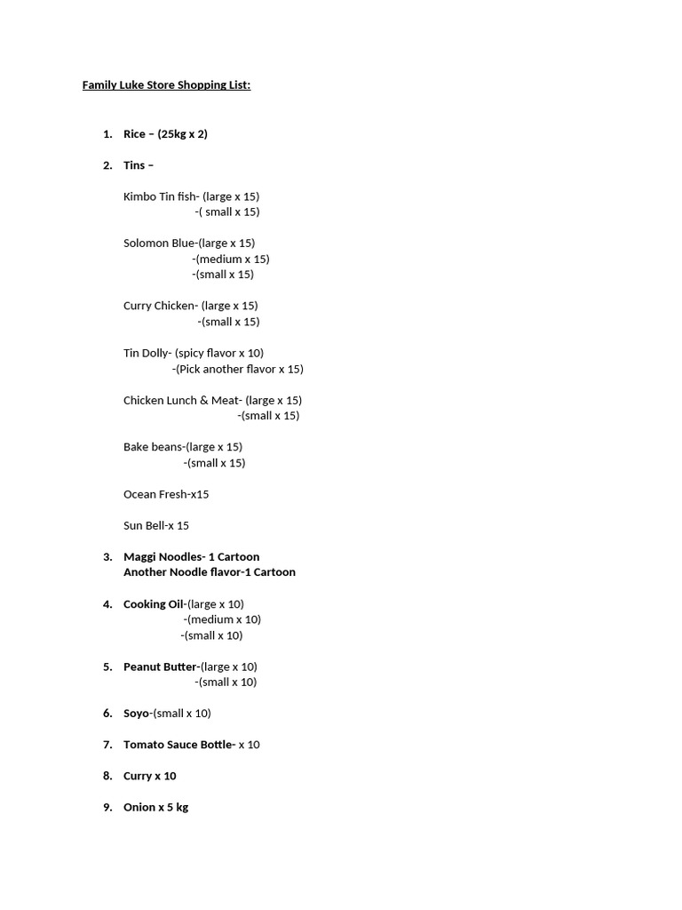 Luke Store Family Shopping List | PDF | Curry | Cuisine
