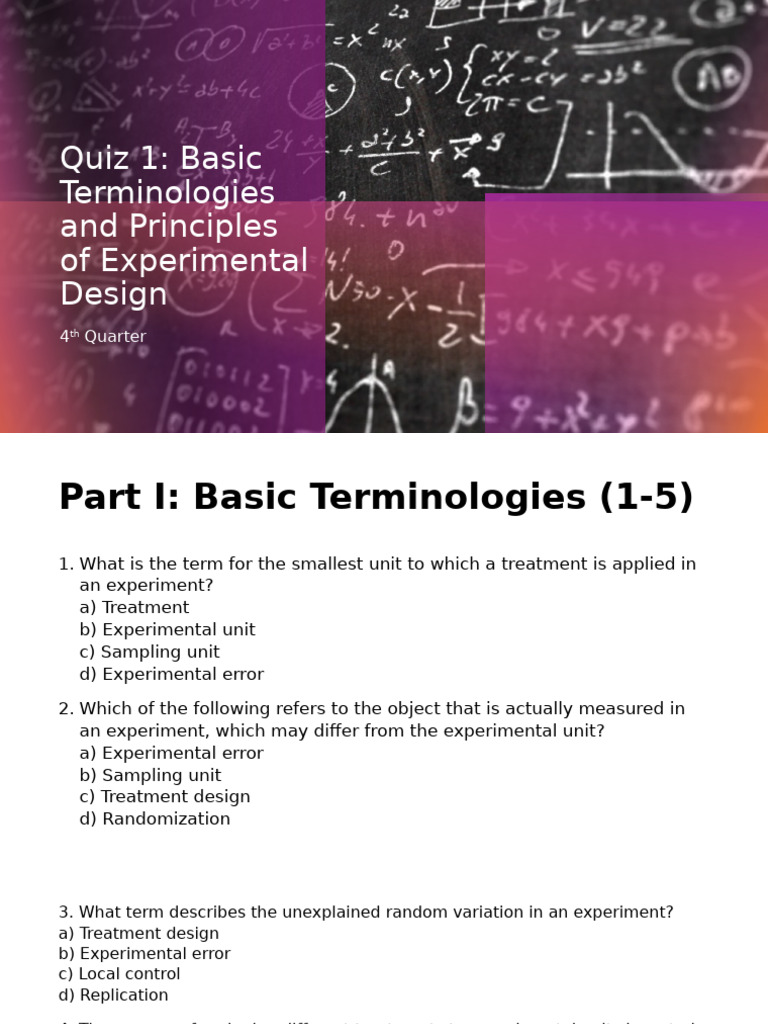 Q4 Quiz 1 Basic Terminologies and Principles of Experimental Design ...