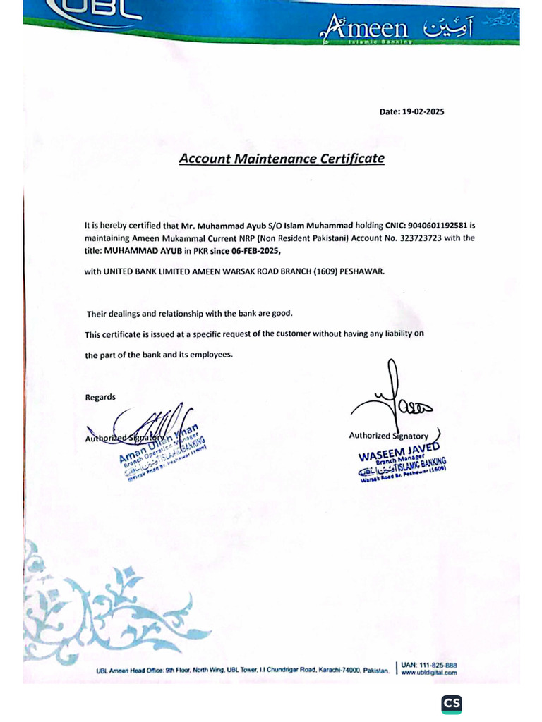 Account Maintenance Certificate | PDF