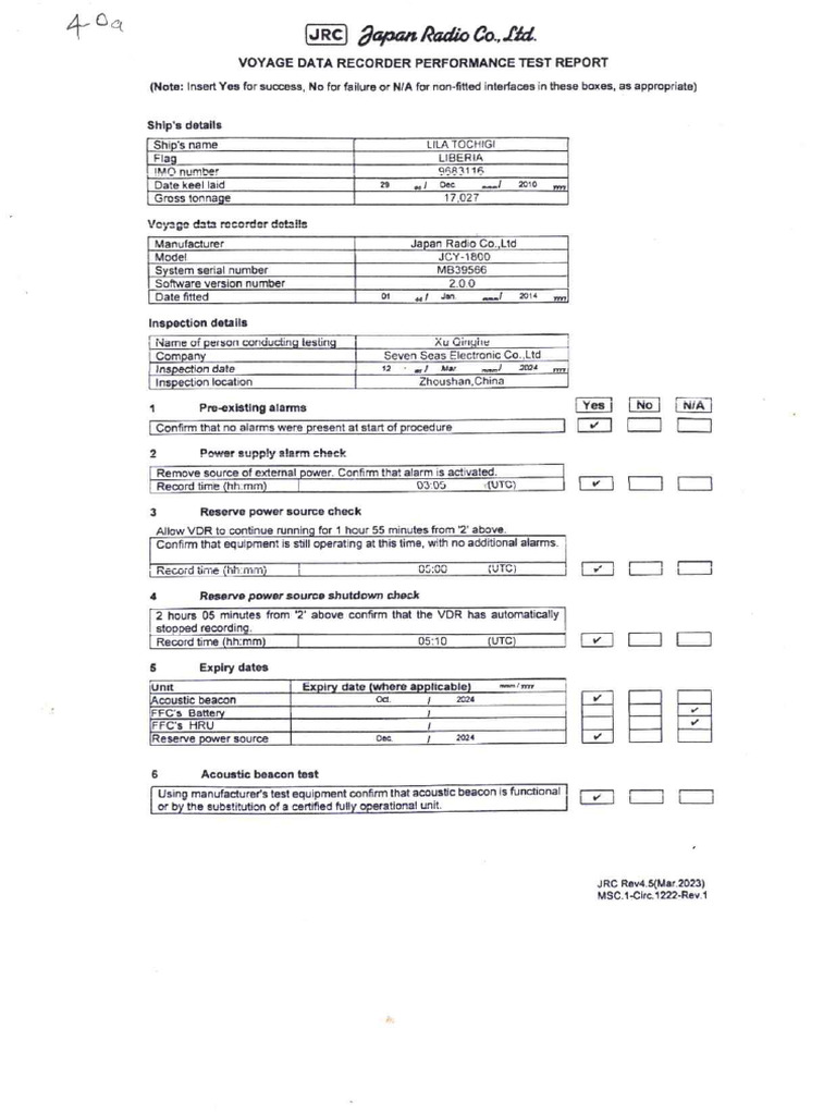 40a. Voyage Data Recorder Performance Test Report | PDF