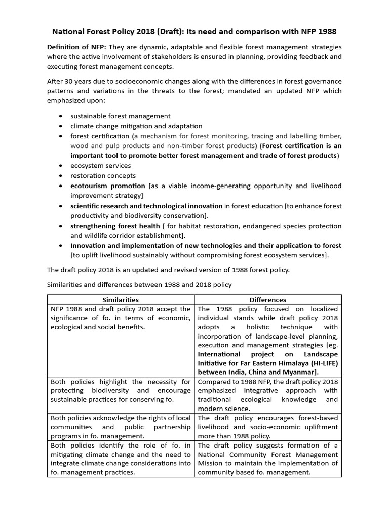 Draft National Forest Policy 2018 Overview | PDF | Forest Management ...