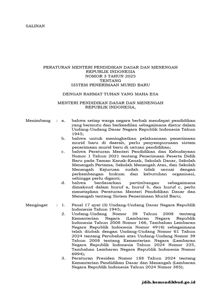 Permendikdasmen Nomor 3 Tahun 2025 (JDIH) | PDF