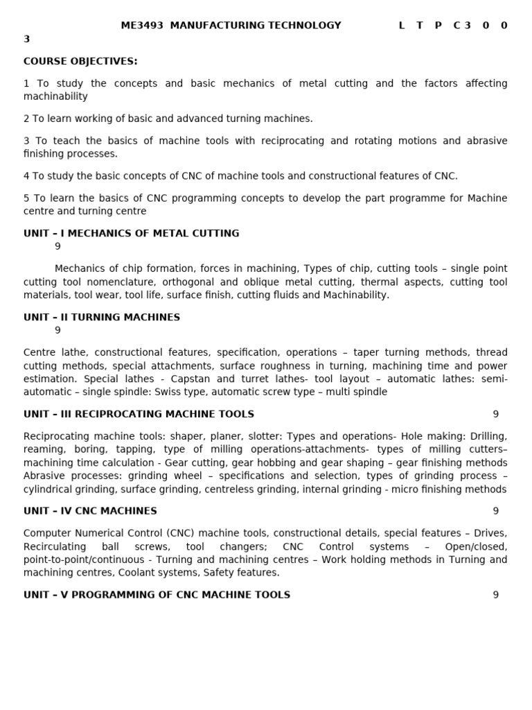 ME3493 MANUFACTURING TECHNOLOGY Syllabus | PDF | Grinding (Abrasive ...