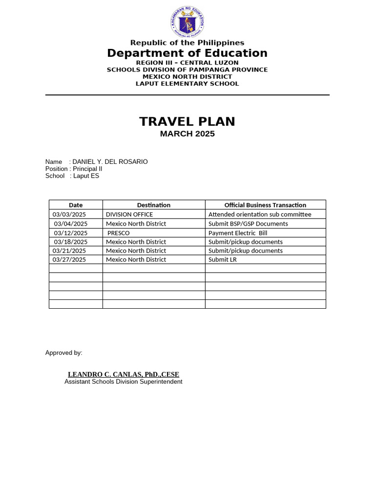 Daniel TRAVEL PLAN | PDF