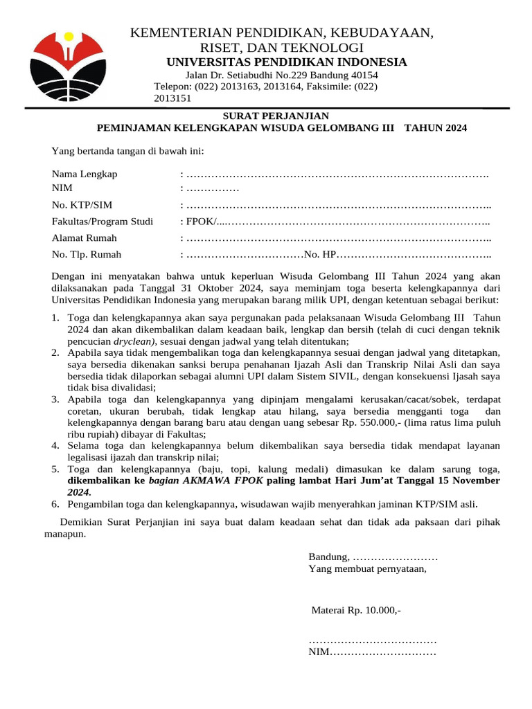 SURAT PERNYATAAN PEMINJAMAN TOGA | PDF