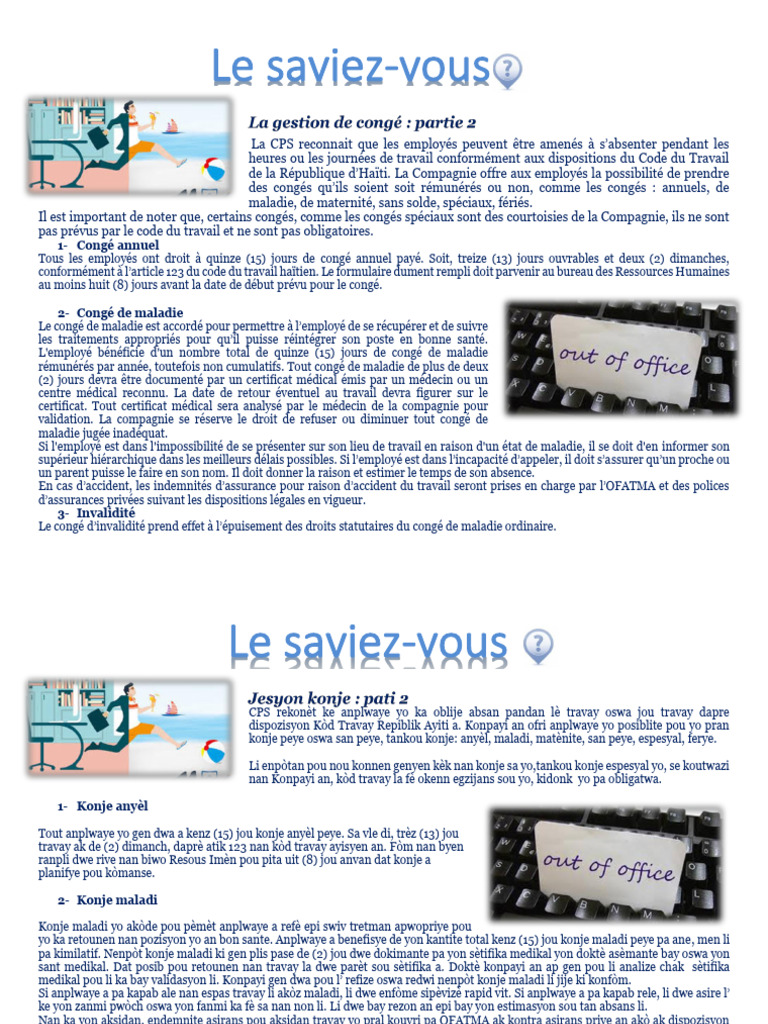Congés annuels selon le Code haïtien | PDF | Congé maladie