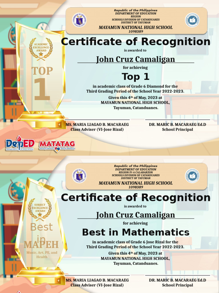 2023 CERTIFICATE FOR CLASSROOM RECOGNITION-3rd QUARTER | PDF | Philippines