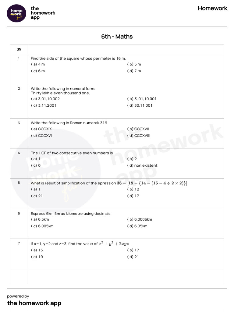 Questions - Homework - 6th - Maths - 2024-12-25T09 - 10 | PDF | Lexicology | Mathematical Notation