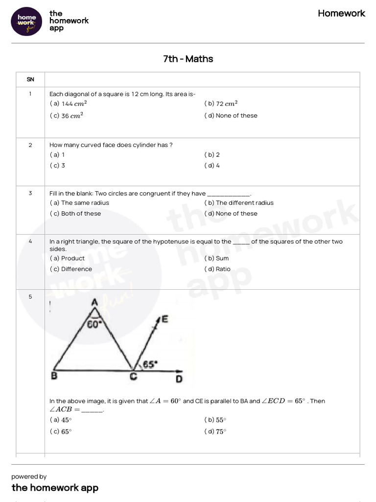 Questions - Homework - 7th - Maths - 2024-12-26T03 - 42 | PDF | Classical Geometry | Triangle ...