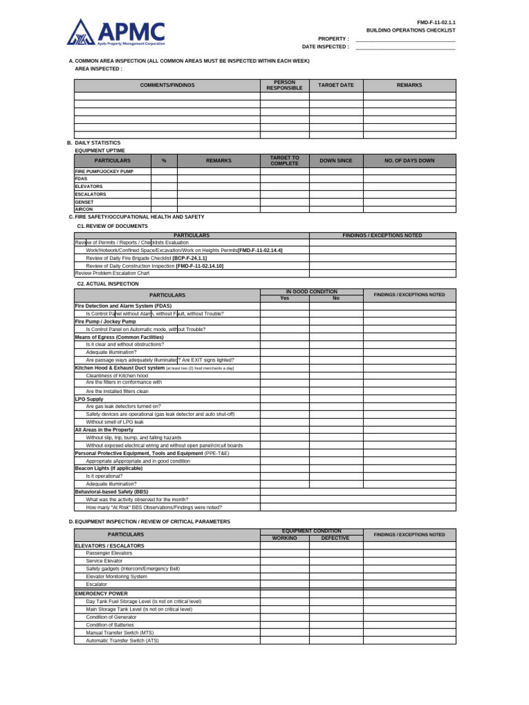 FMD-F-11-02.1.1 Building Operations Checklist As of April 5, 2017 | PDF ...