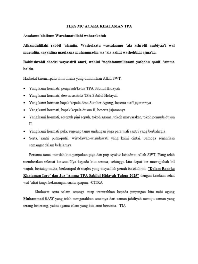 Teks MC Acara Khataman TPA | PDF
