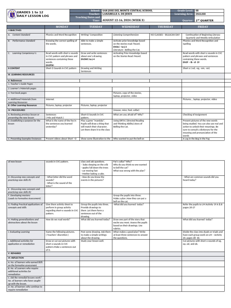 Dll English 3 q1 w3 Final | PDF | Phonics | Learning