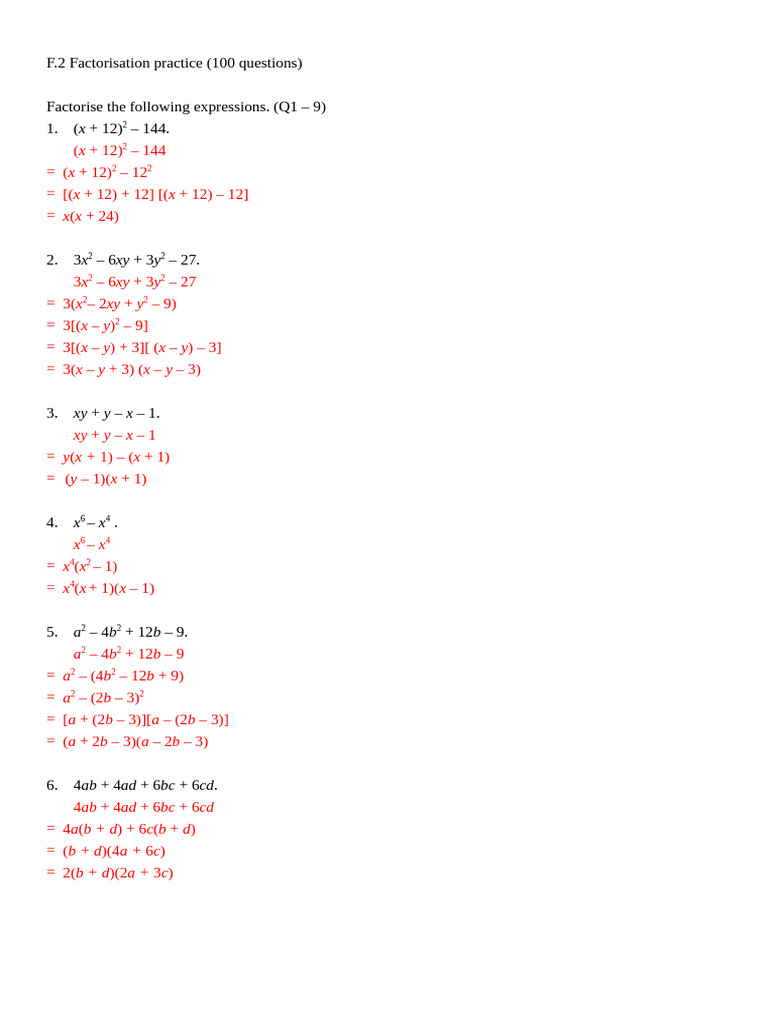 F2 Factorisation Practice Ans | PDF