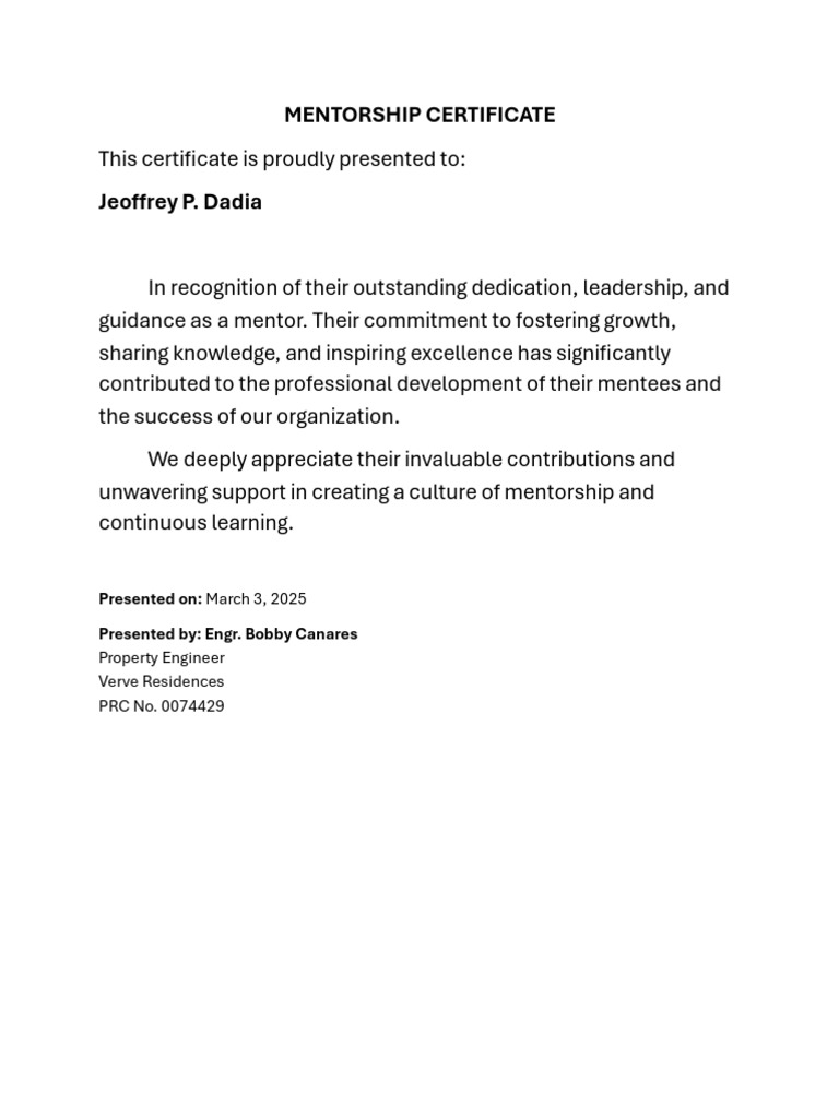 Mentorship Certificate | PDF