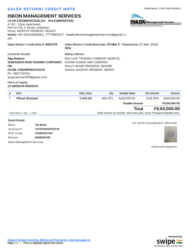 Sales Return for Wheat Transaction | PDF