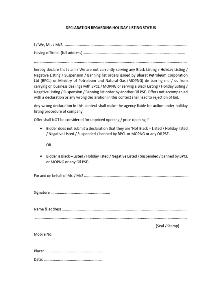 BPCL Holiday Listing Declaration Form | PDF