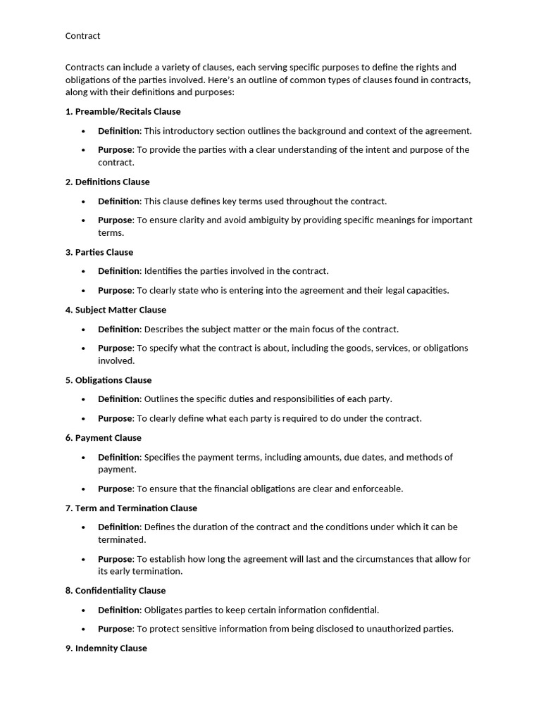 Essential Contract Clauses Explained | PDF | Indemnity | Private Law