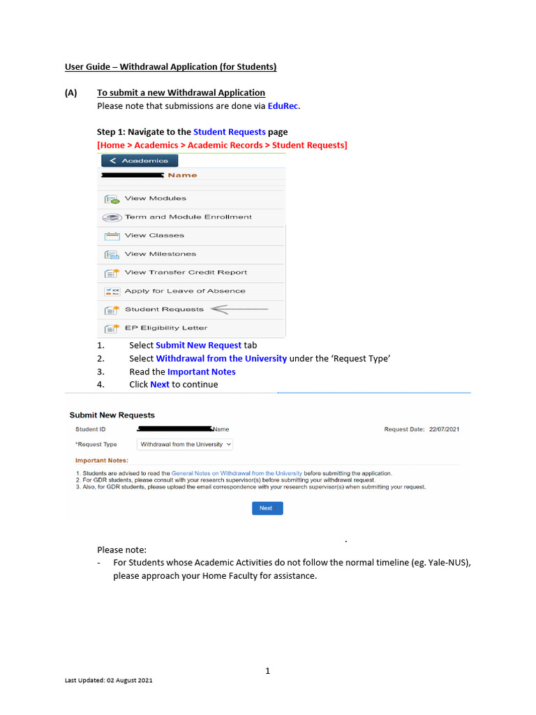 Withdrawal System User Guide Student | PDF