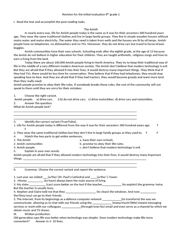 9th grade reading | PDF | Amish
