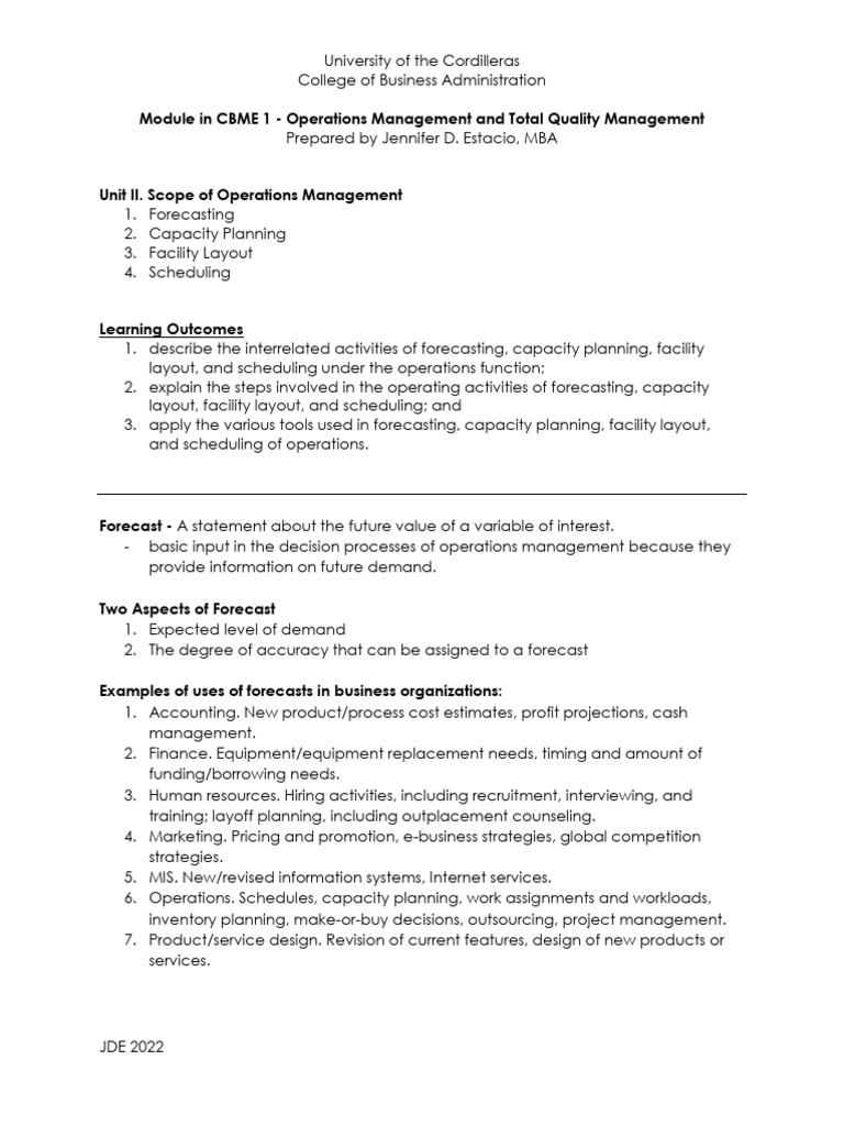 Unit II. Scope of Operations Management - Forecasting | PDF | Forecasting | Linear Regression