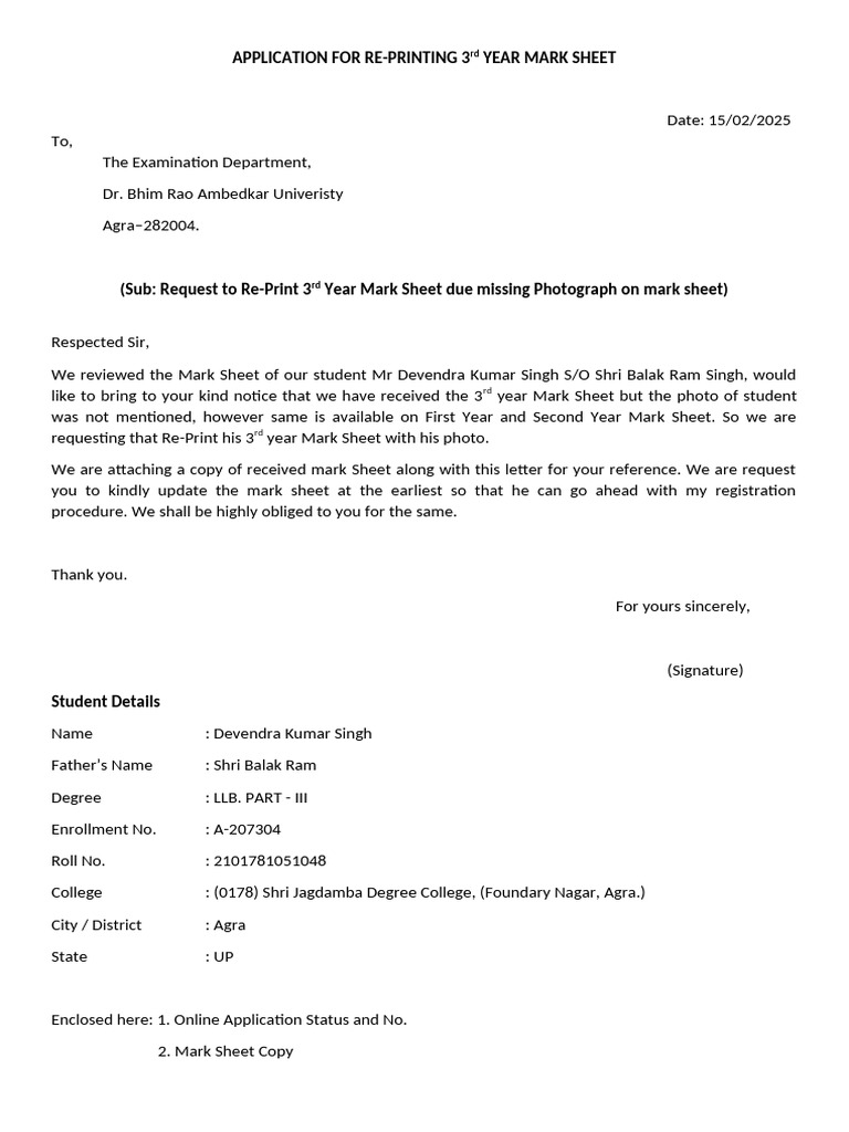 Application For Correction of STUDENT Photo On His 3rd Year Mark Sheet ...