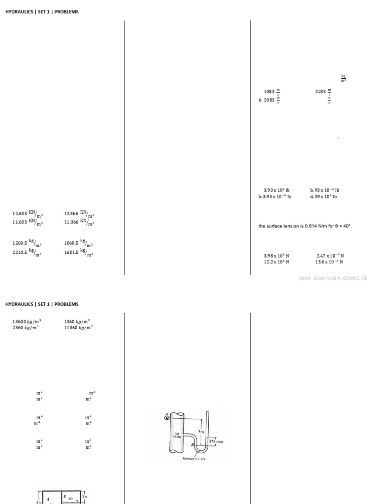Hydraulics Problems Set 1 | PDF | Pressure | Density