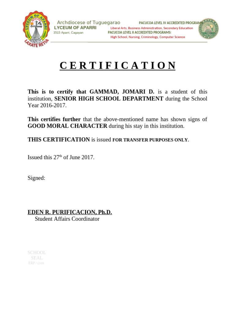 Good Moral Template | PDF