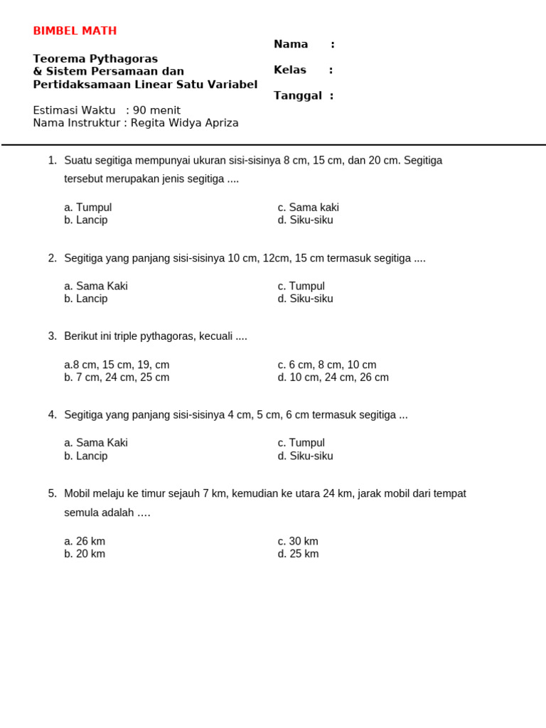 BIMBEL MATH Pytagoras&SPLSV | PDF