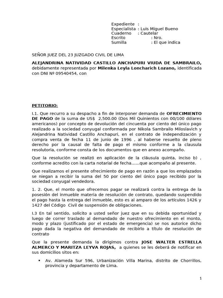 Demanda de Ofrecimiento de Pago Civil | PDF | Demanda judicial ...