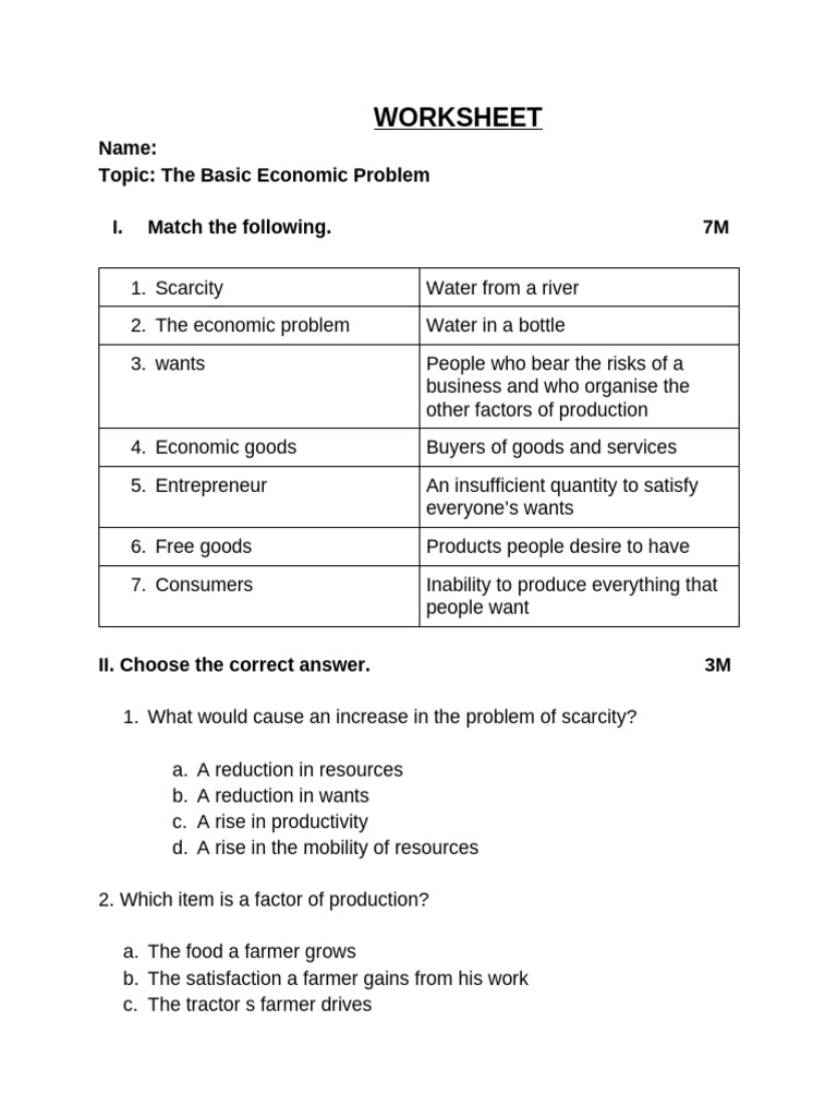 Basic Economic Problem WS | PDF