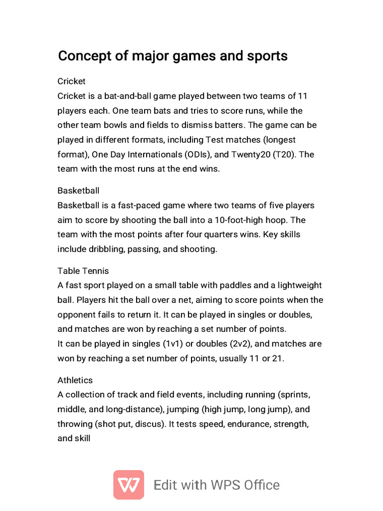 Overview of Major Games in Sports | PDF | Cricket | Track And Field