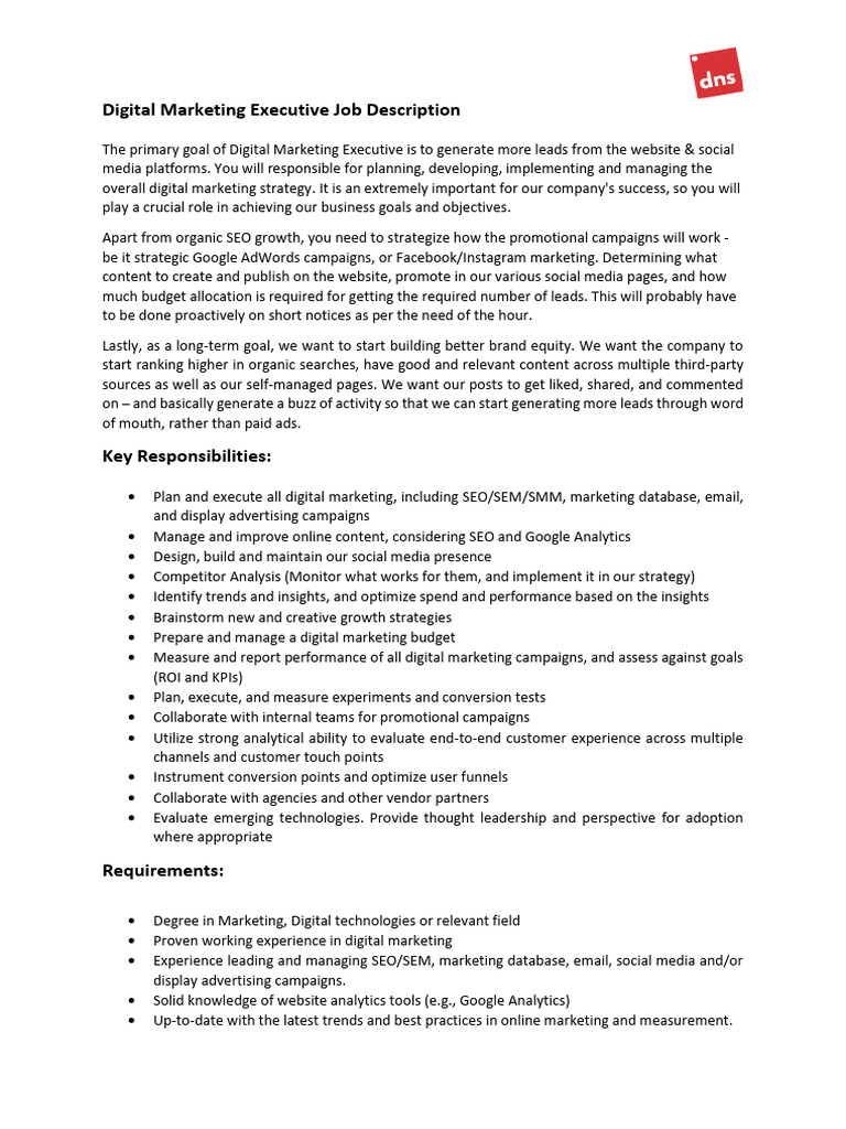 Digital Marketing Executive Role Overview | PDF | Digital Marketing | Search Engine Marketing