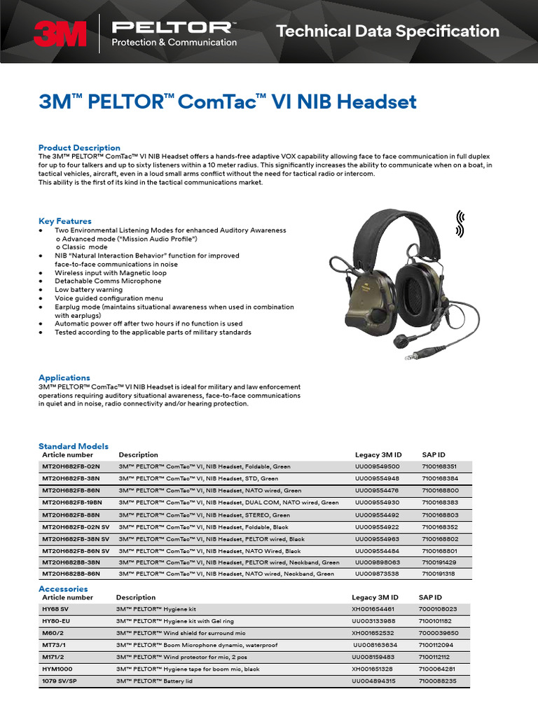 Peltor ComTac VI Data Sheet 1 | PDF | Headphones | Microphone