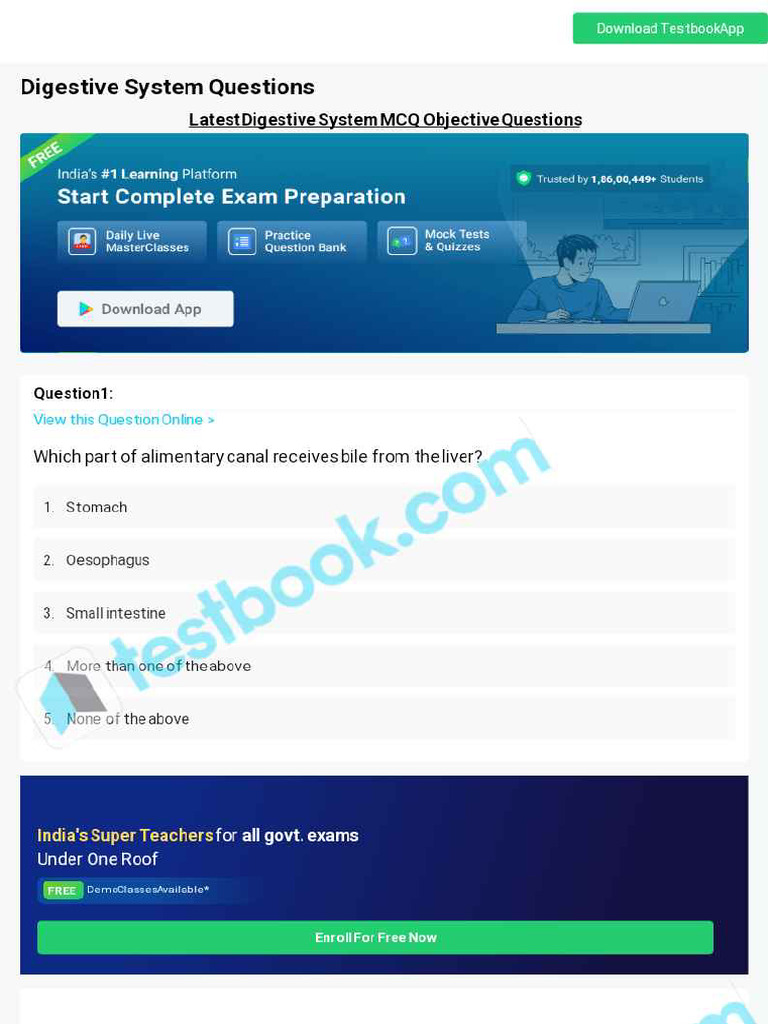 MCQ On Digestive System 5eea6a0c39140f30f369e048 | PDF