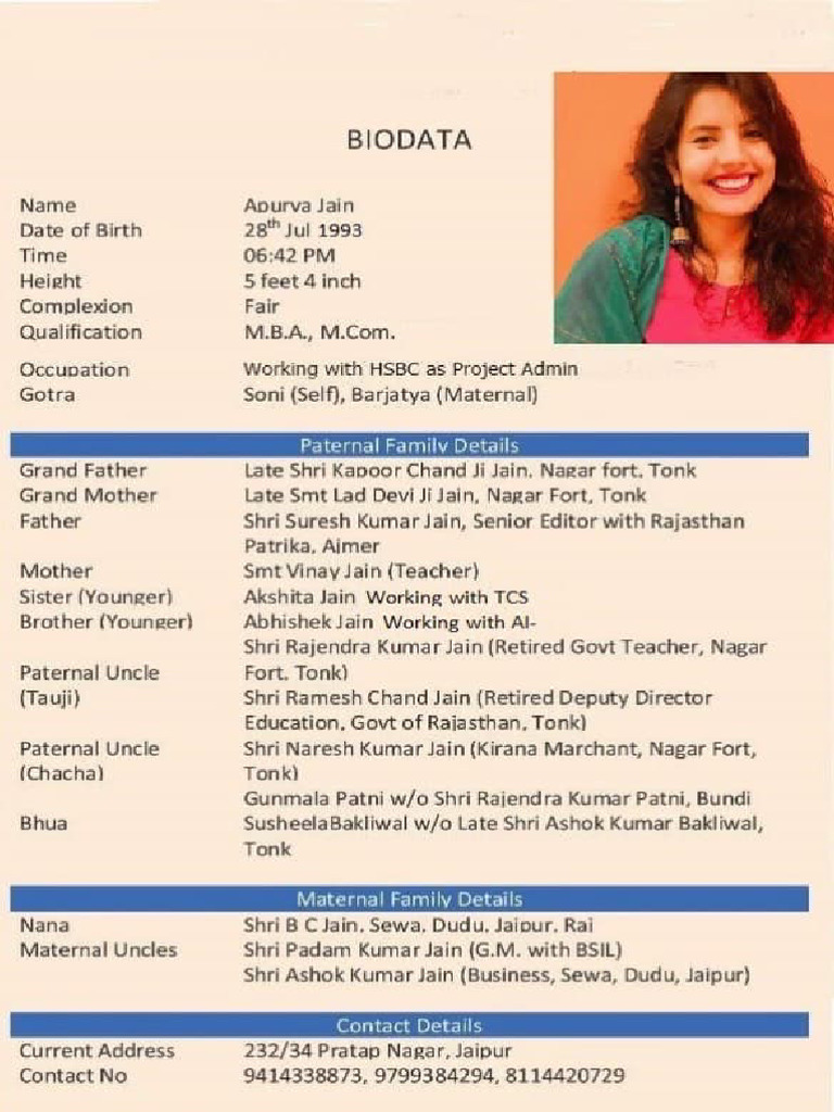 Apurva Jain (Biodata) | PDF
