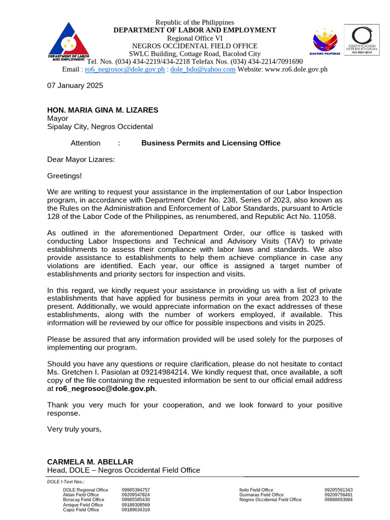 Letter Request For Inspectionable Establishments Capulso | PDF | Labour ...