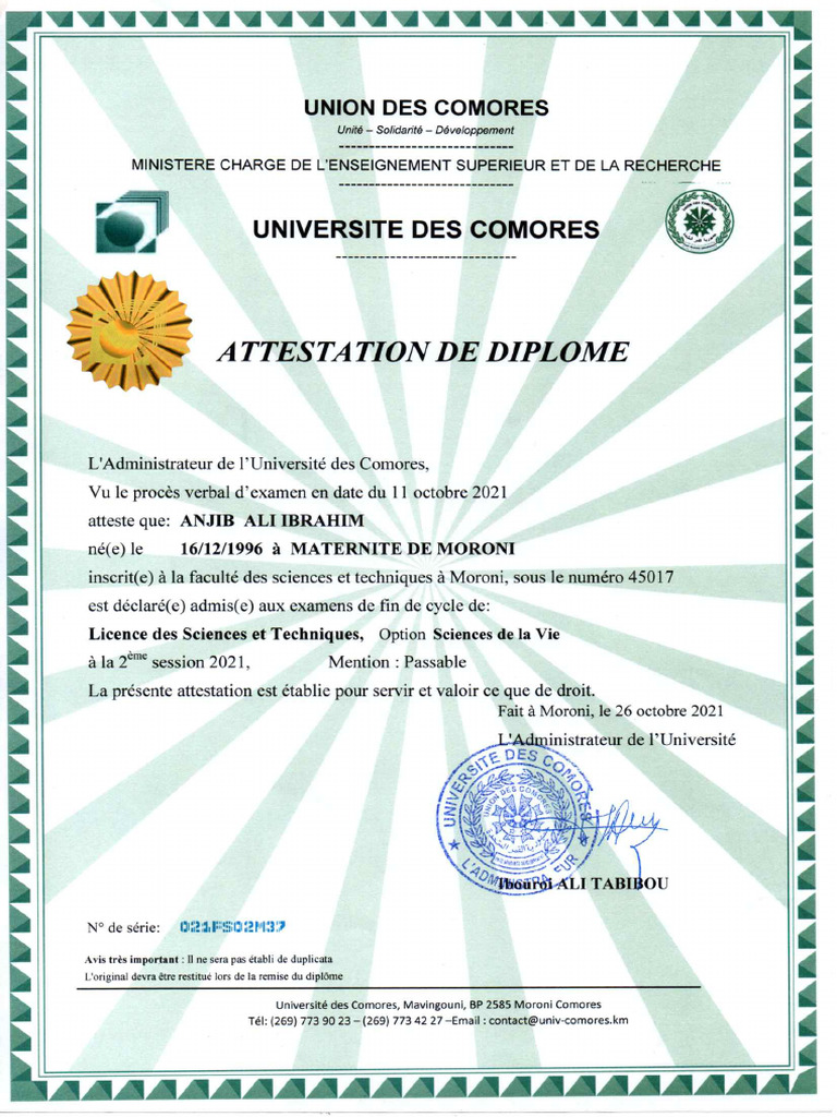 Attestation de Diplome (Licence) ) | PDF